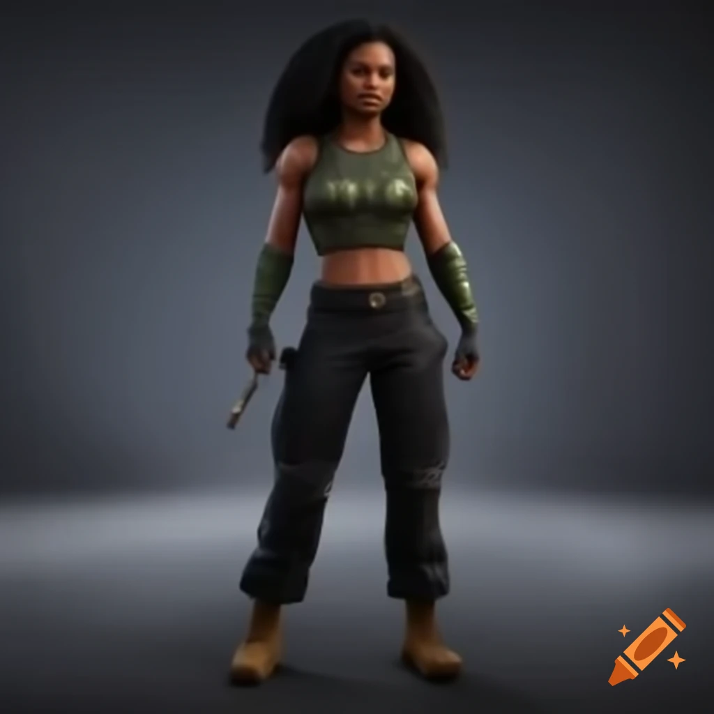 African American woman in rogue military attire, game-ready look with ...