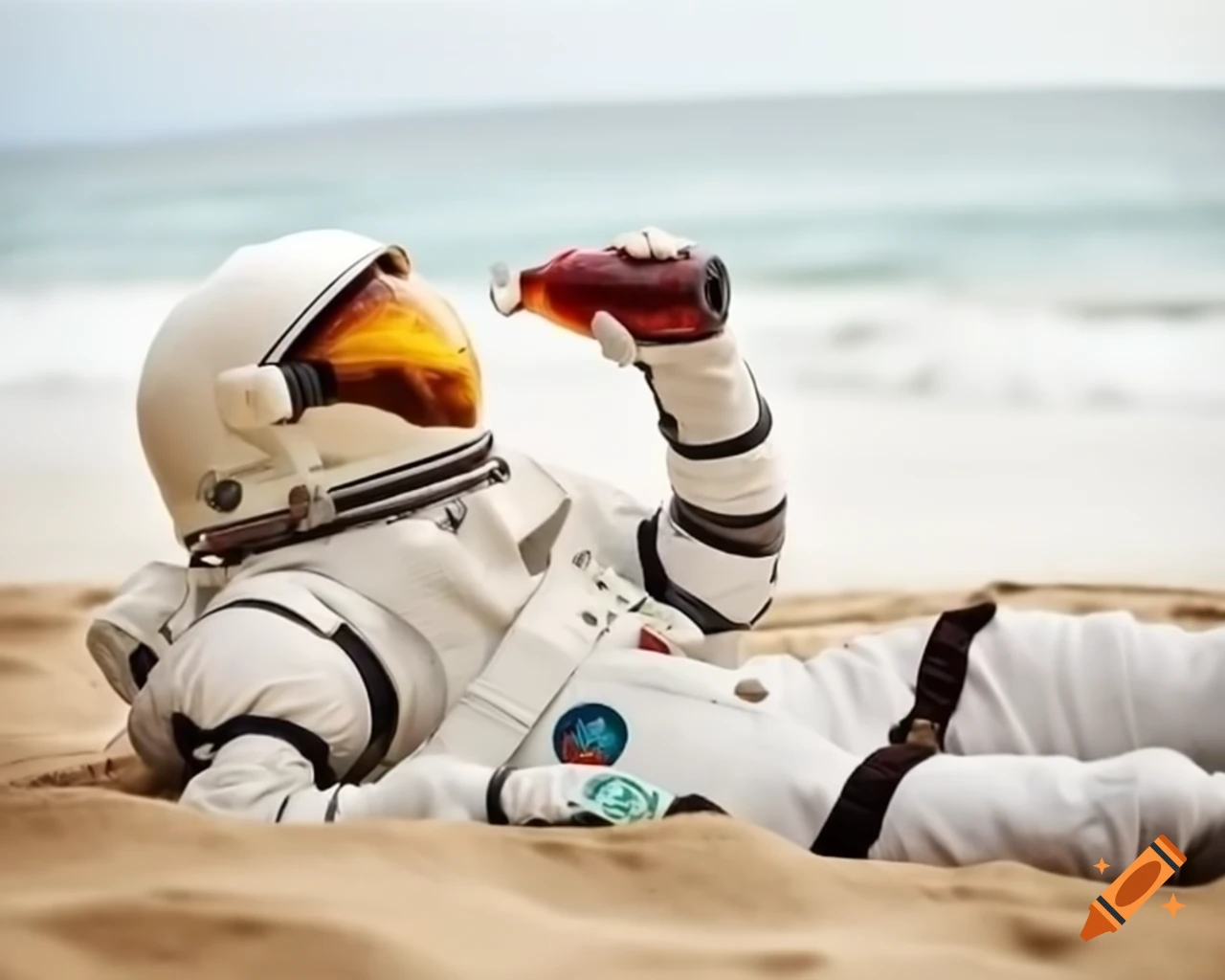 Astronaut in Metroid Samus suit drinking Coca-Cola on the beach on Craiyon