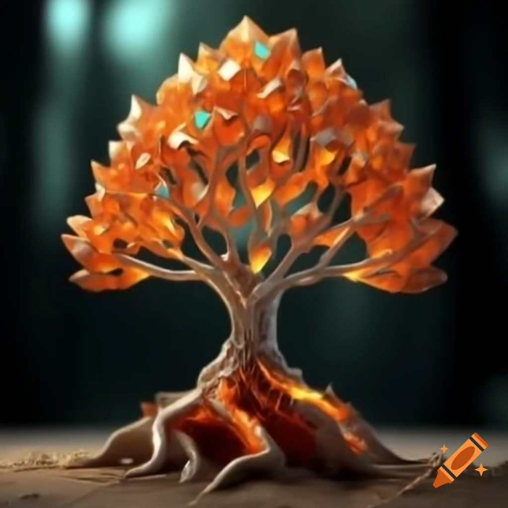 Fantastical tree sculpted from orange gemstones with magical radiance ...