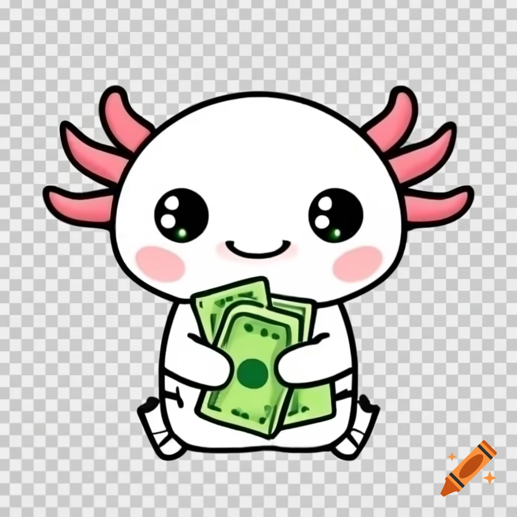 Cute axolotl holding money with transparent background on Craiyon