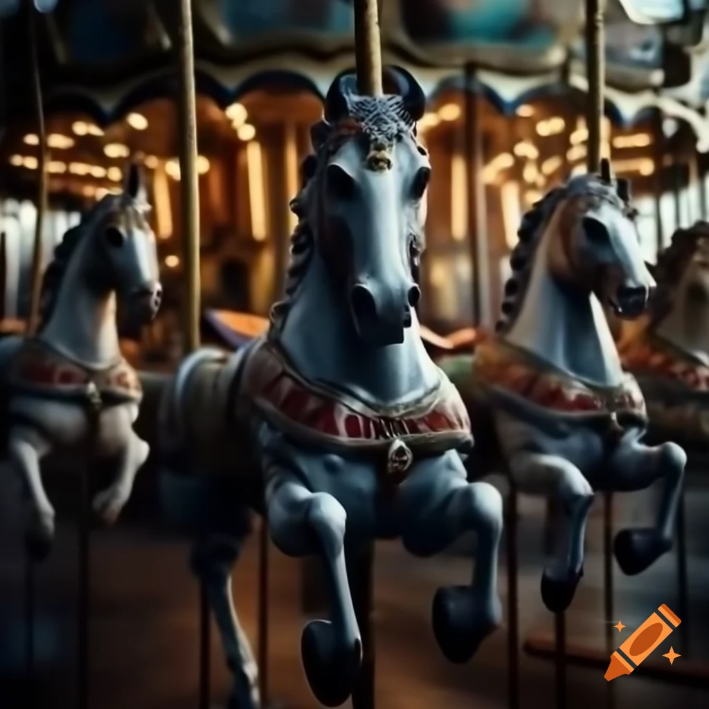 Dark carousel horses with a sinister appearance on Craiyon