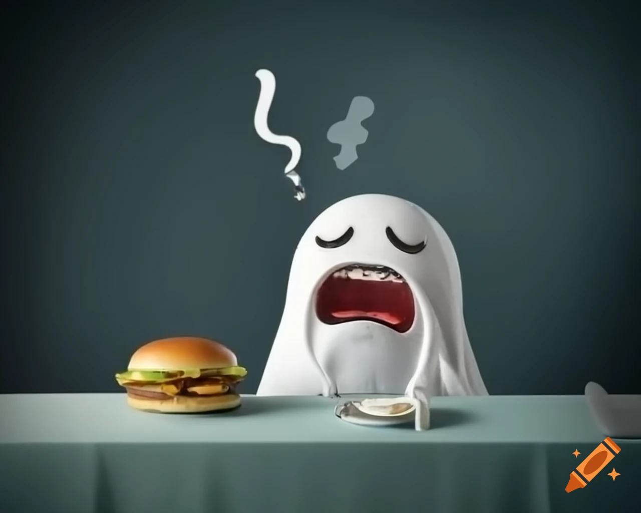 Bored ghost eating hamburger while watching TV, low poly graphics on ...