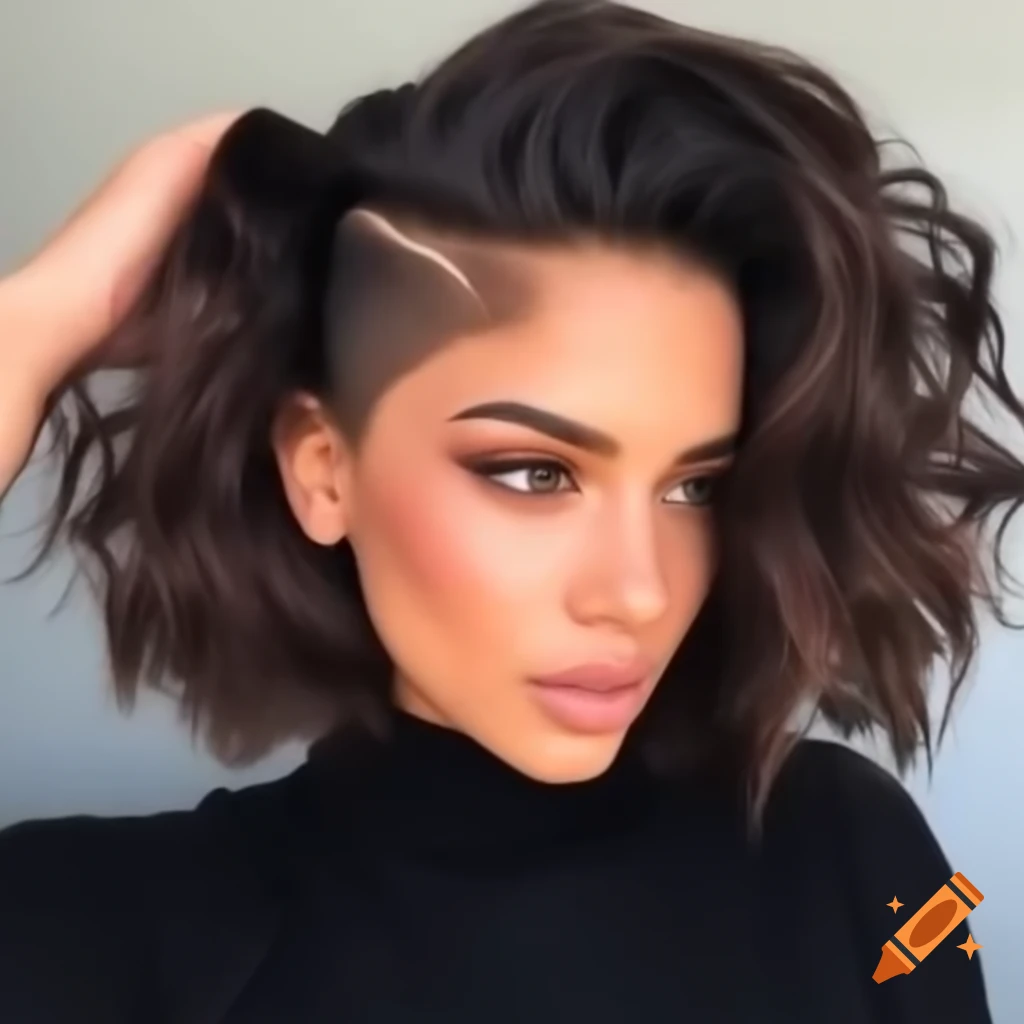 Young Mediterranean woman with thick dark brown hair in asymmetrical ...