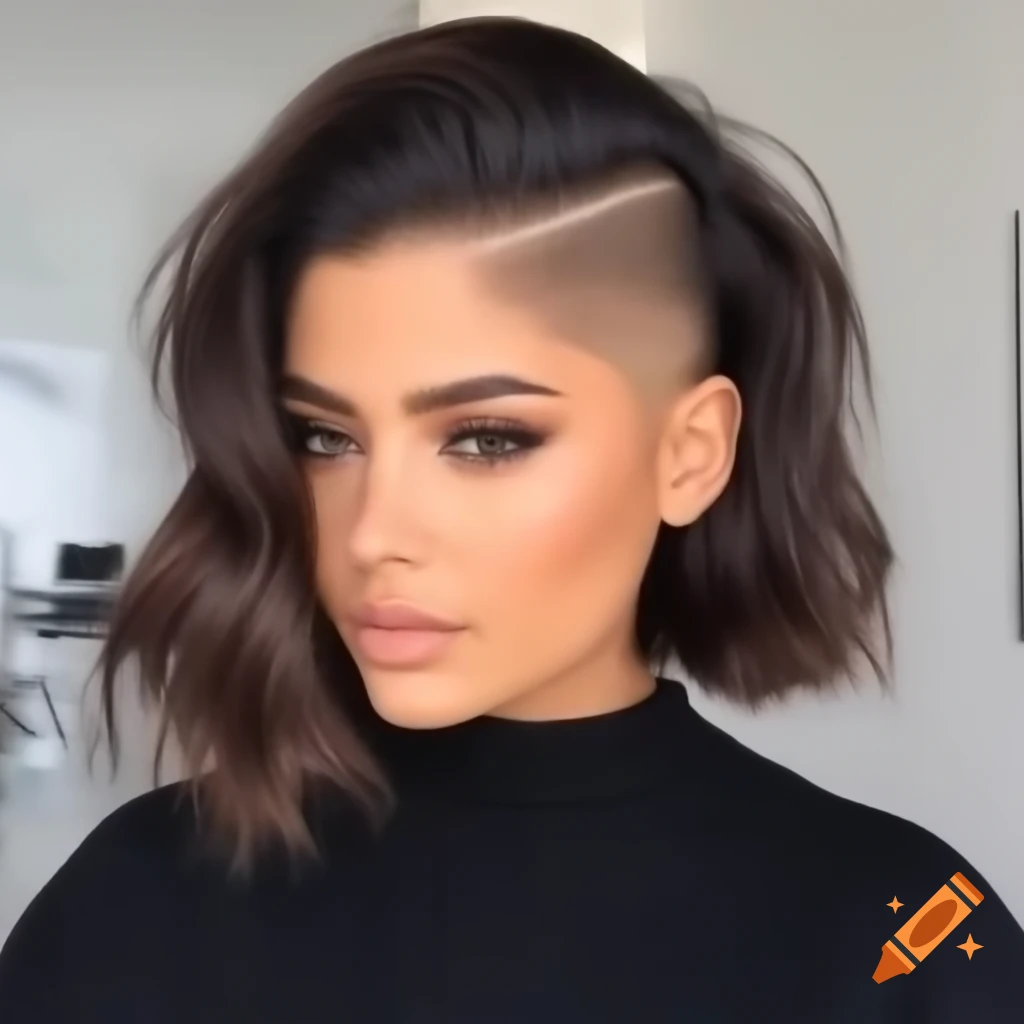 Young Mediterranean woman with thick dark brown hair in asymmetrical ...