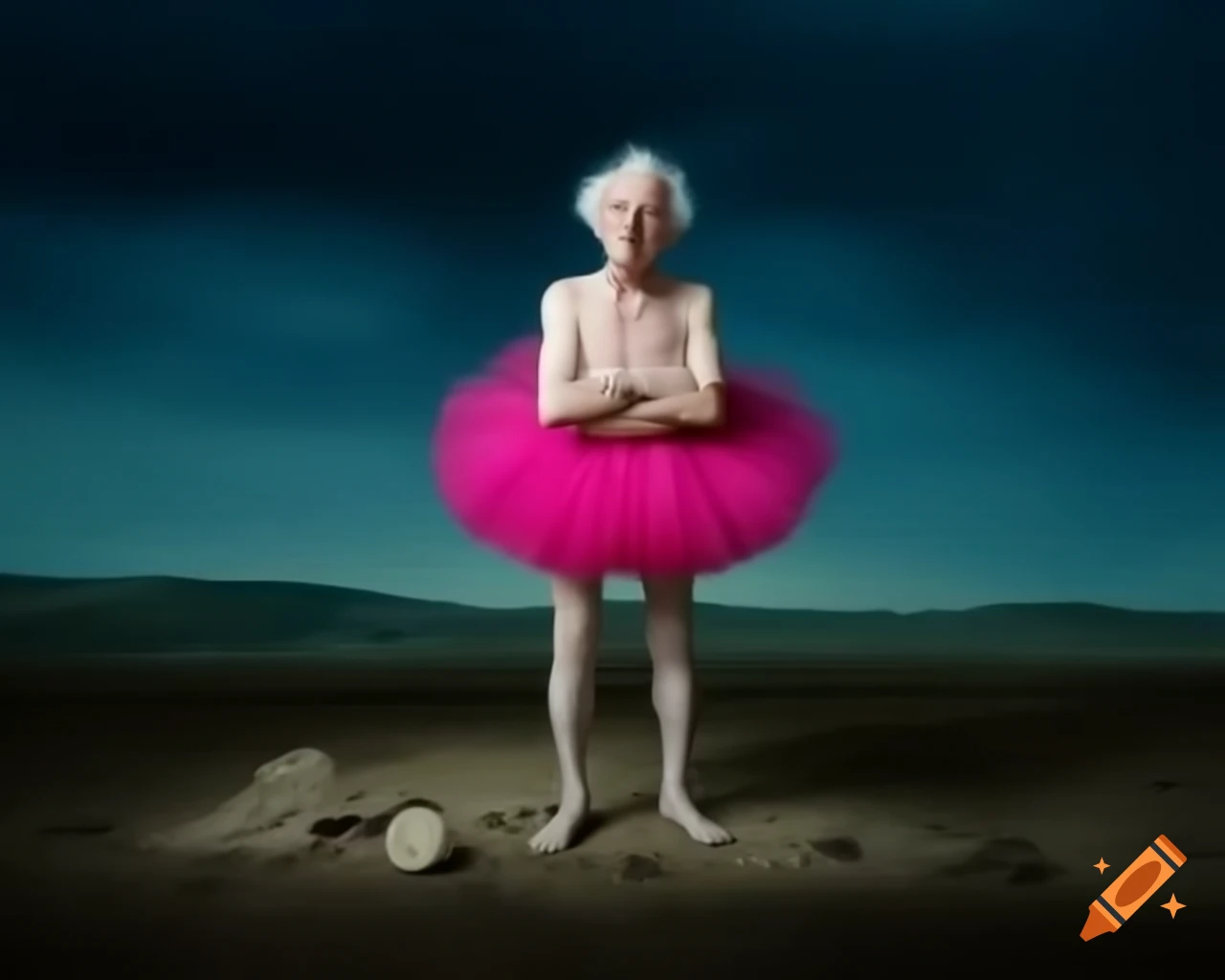 Elderly man in pink tutu standing in dystopian landscape on Craiyon