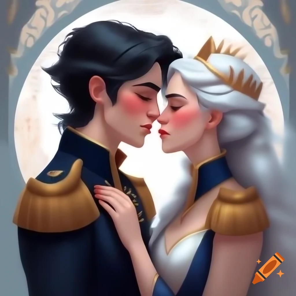 Beautiful heiress with white hair kissing dark-haired prince on Craiyon
