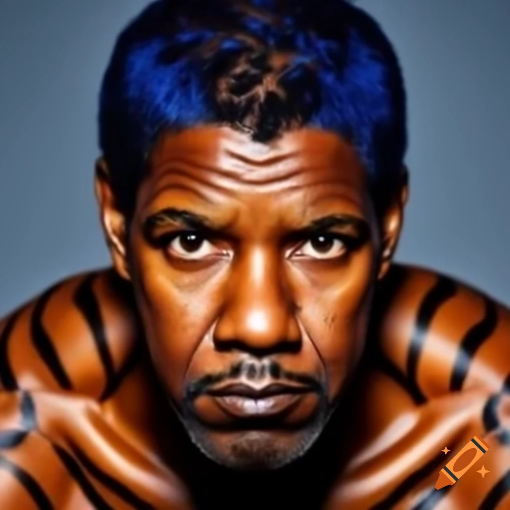 Muscular man with tiger-style makeup featuring blue hair and orange ...