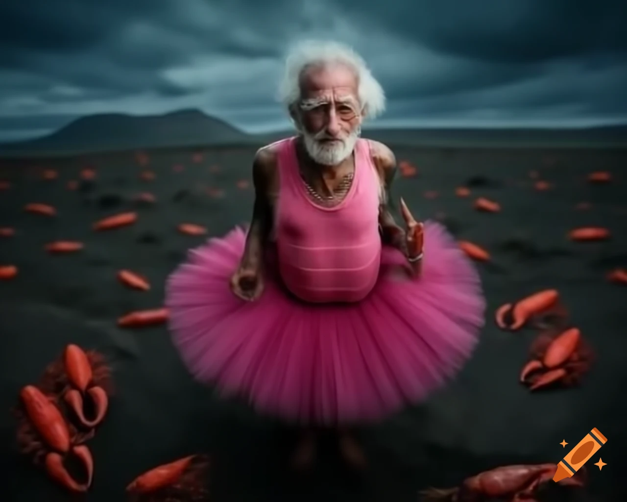 Old man in pink tutu standing in dystopian landscape with lobsters on ...
