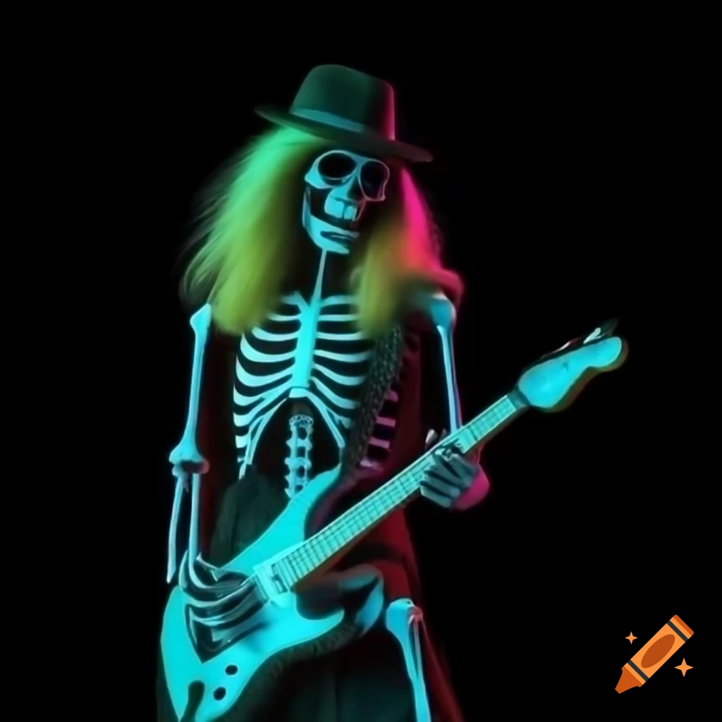 Hyper-realistic skeleton rockstar guitarist with bony hands and neon ...