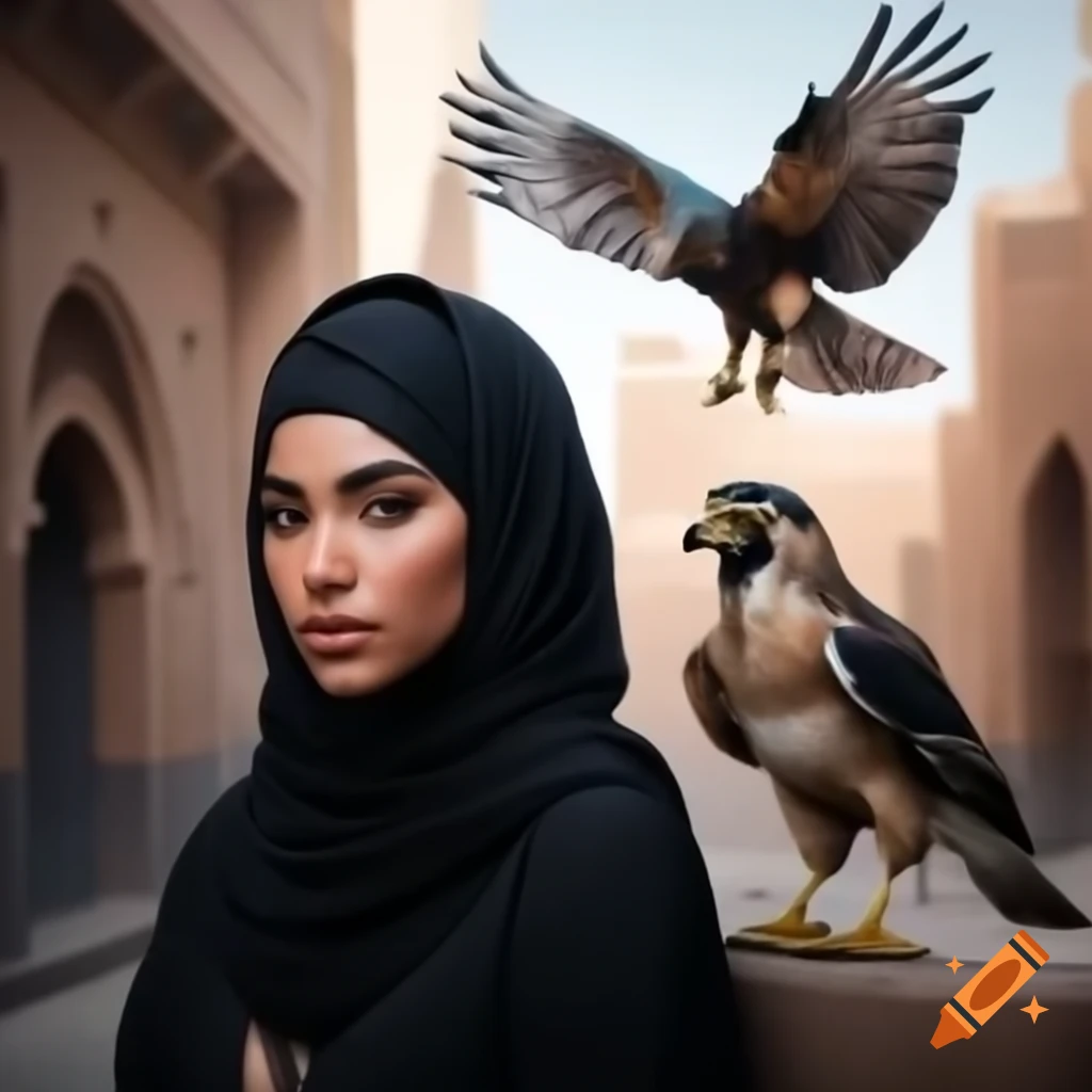 Woman in black hijab walking with jinn featuring lion's head and Moroccan flag on Craiyon