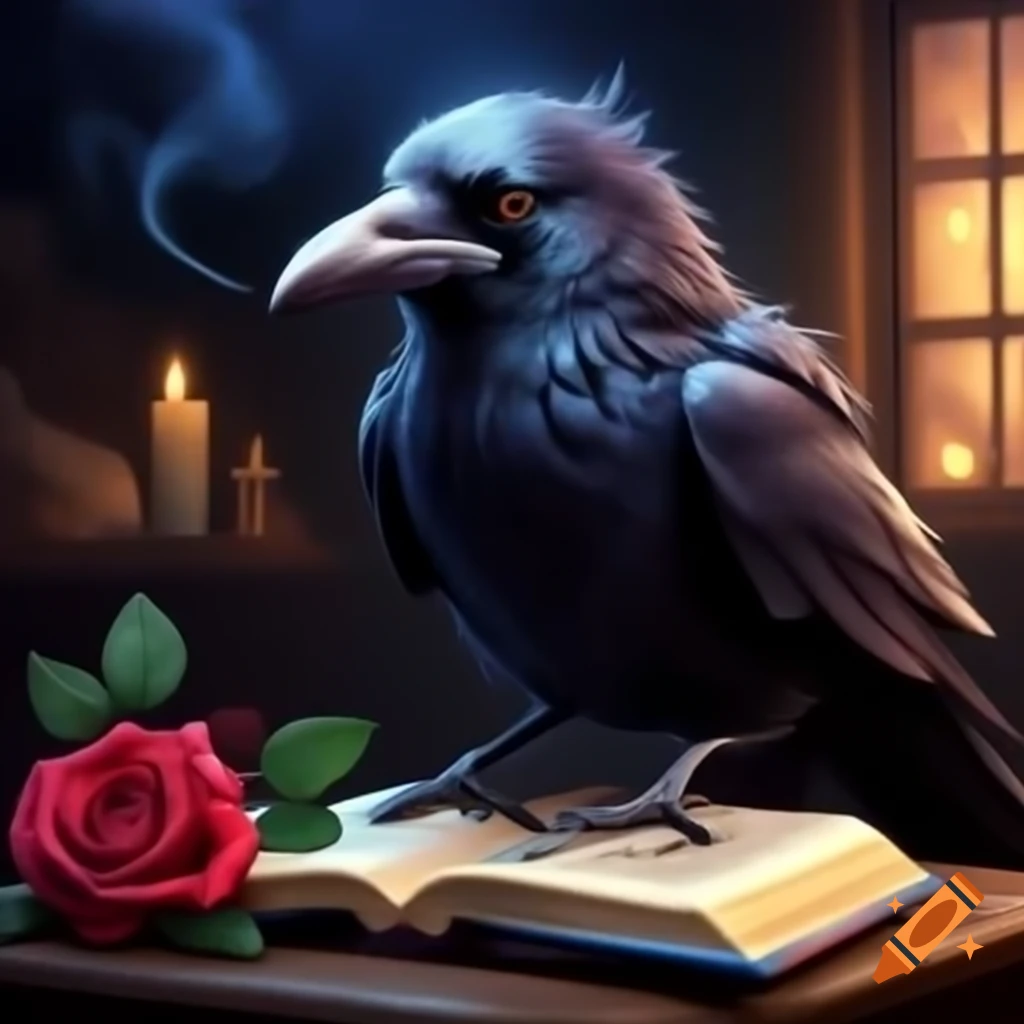 Crow with feathered cap and rose by candlelight in smoky room on Craiyon