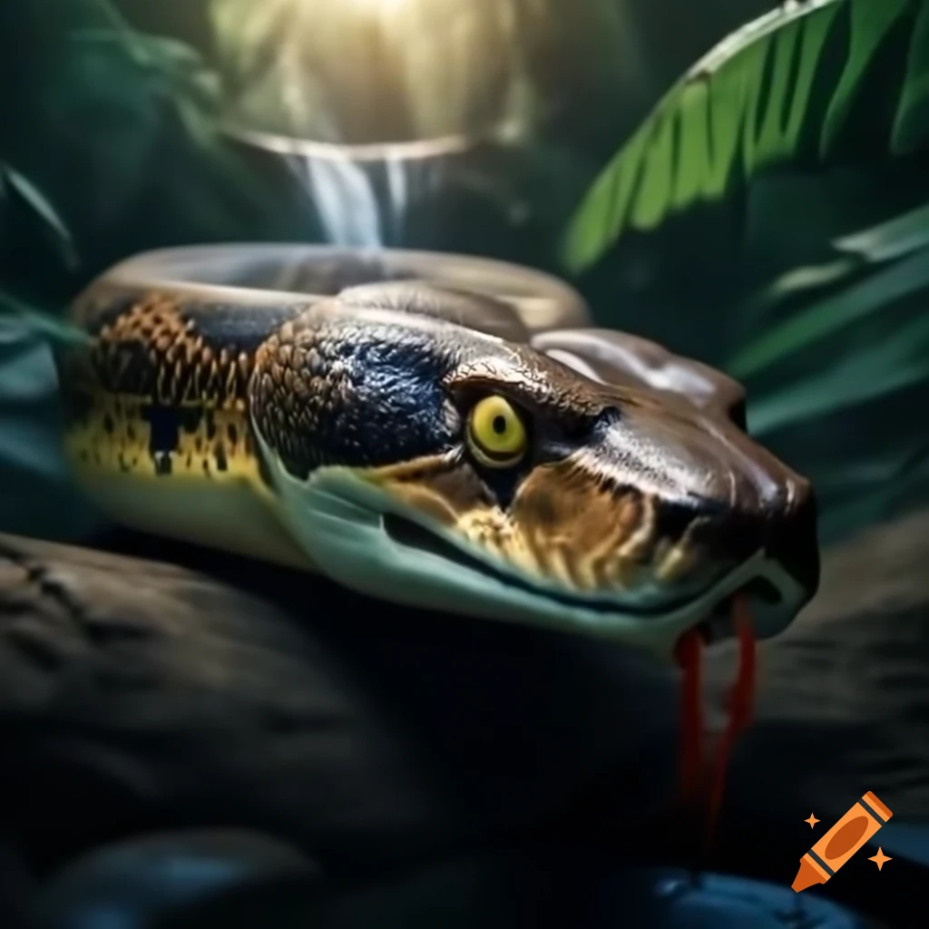 Giant anaconda with yellow eyes stalking prey in Amazon rainforest ...