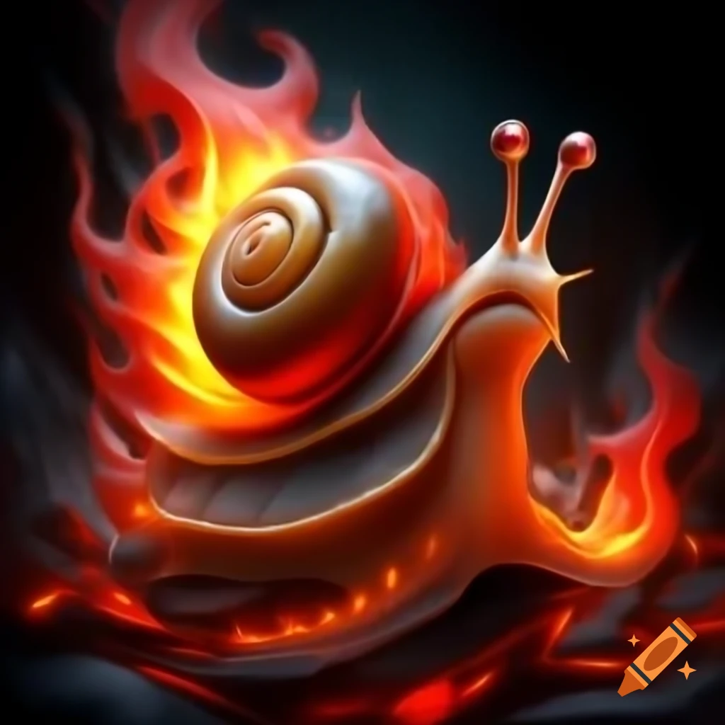Glowing snail with red eyes in swirling vortex of flames on Craiyon
