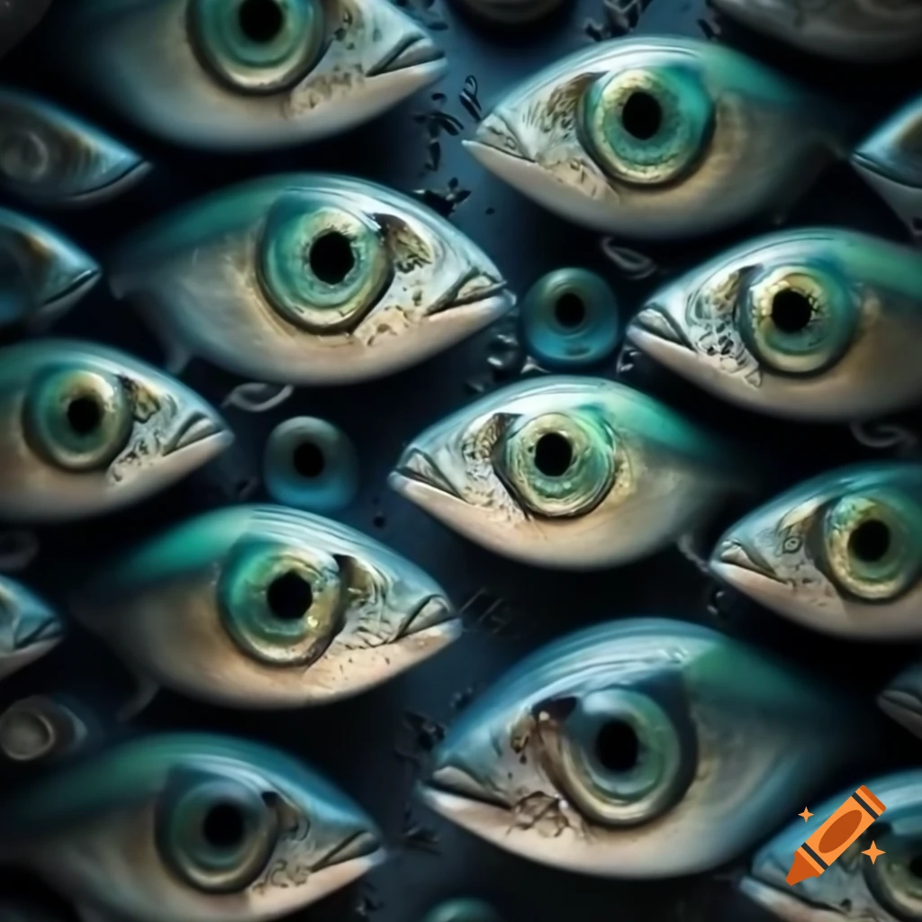 Close-up of a wall composed of various types of fish eyes on Craiyon