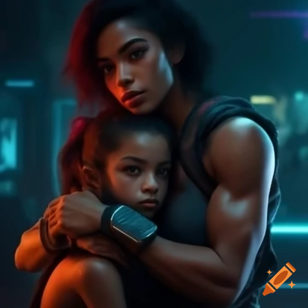 Muscular woman hugging girl in a vibrant cyberpunk setting on Craiyon