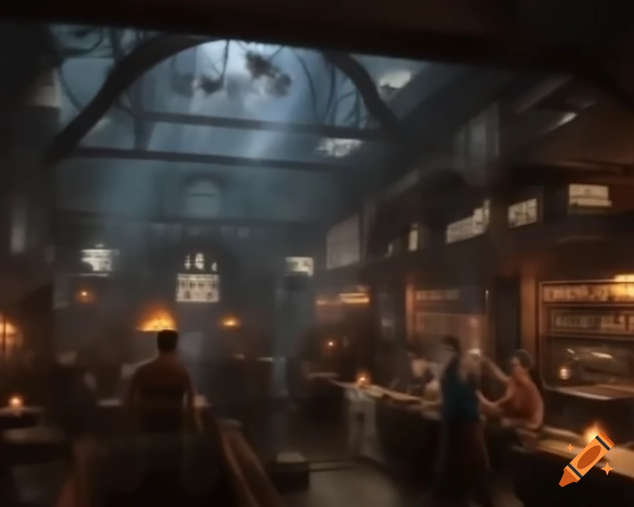 Busy tavern scene in a fantasy world on Craiyon