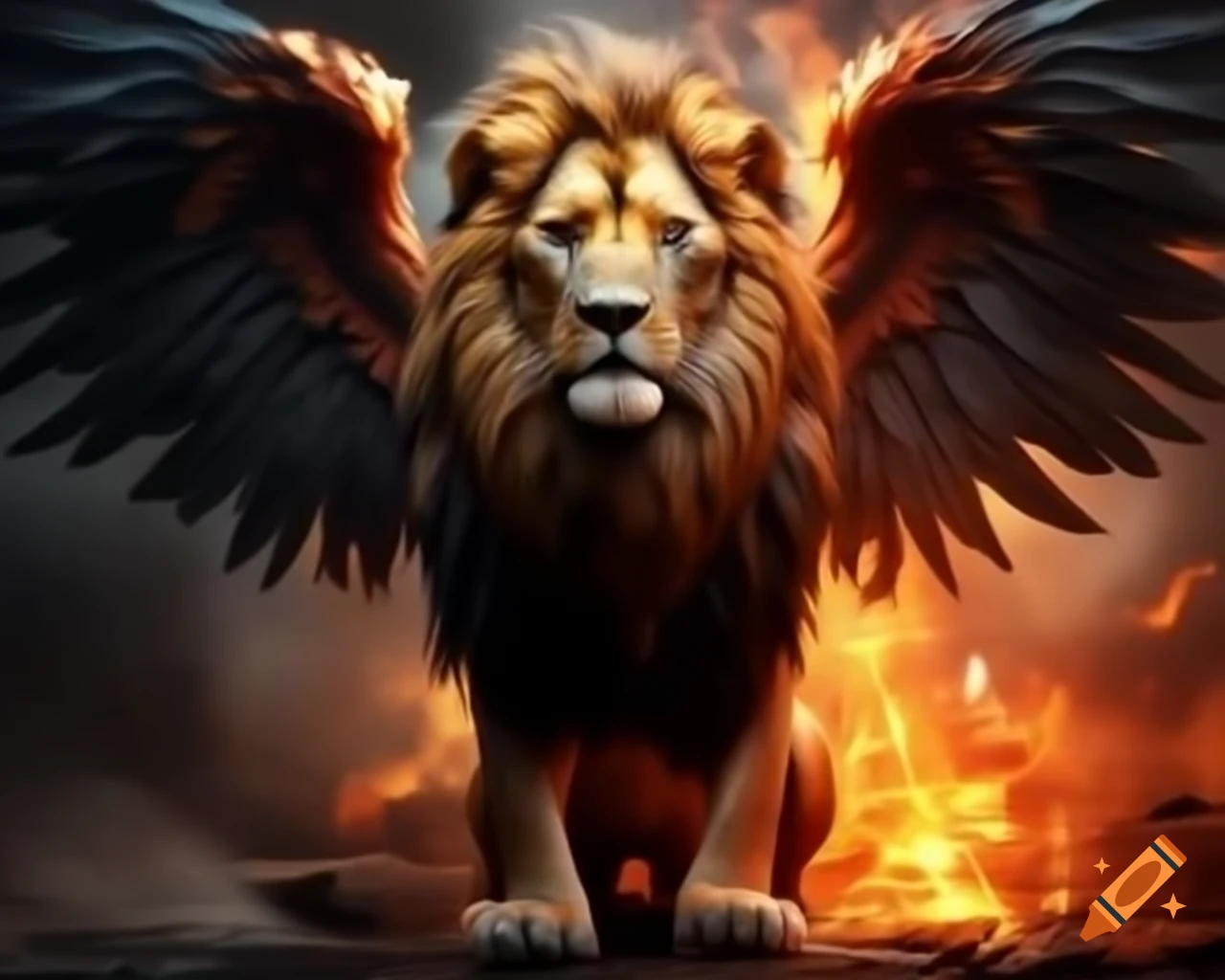 Realistic hybrid creature of lion with phoenix wings glowing in fire on ...