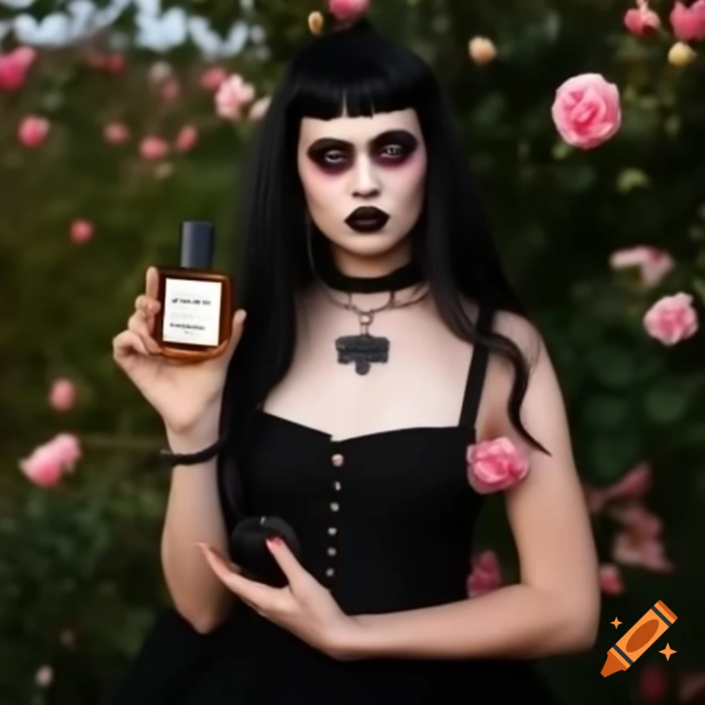 Young woman in gothy style holding perfume bottle in rose garden on Craiyon
