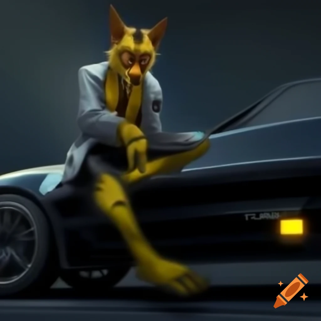 Cyborg hitman fursona with yellow accents beside a car on Craiyon