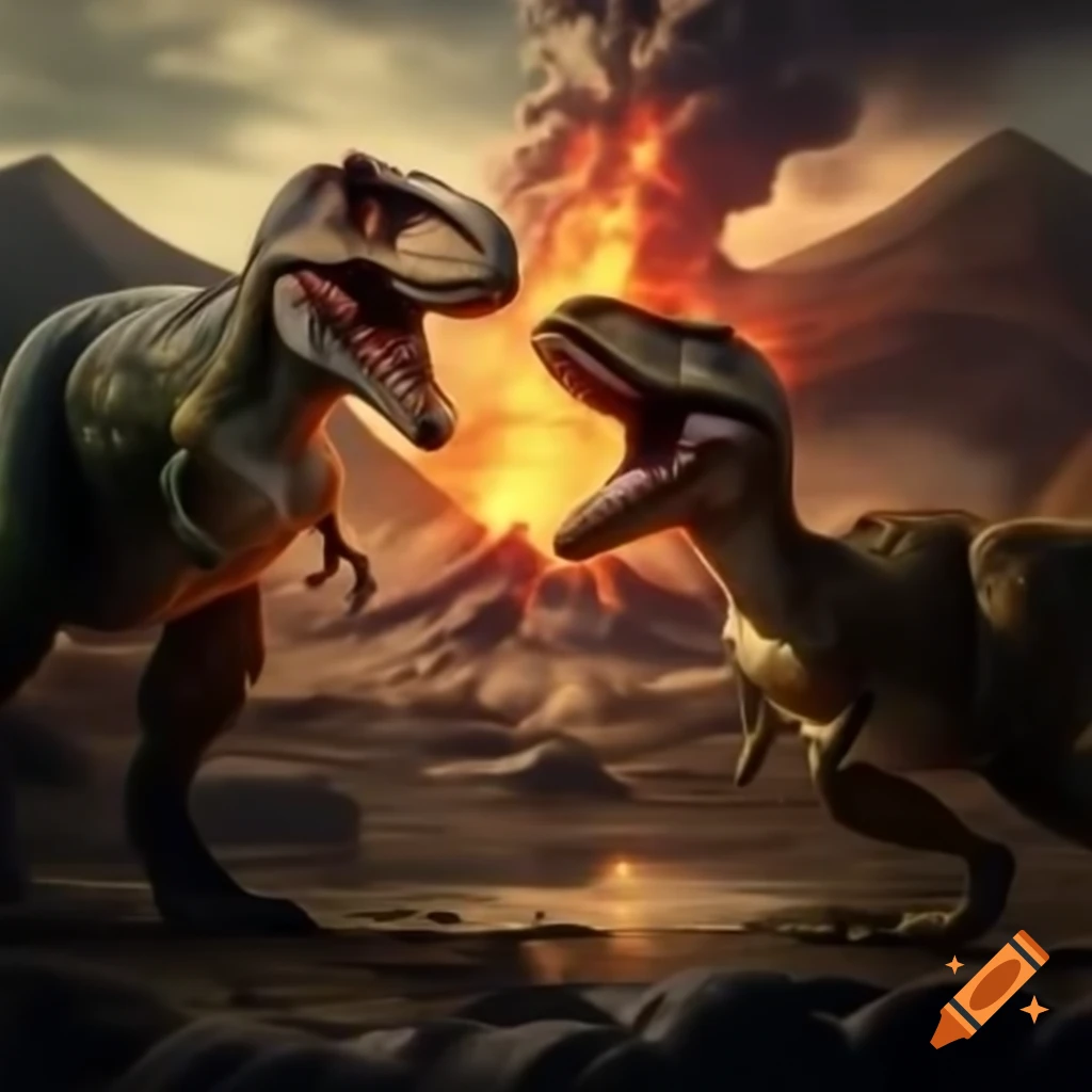 Humorous scene of T. rex and velociraptor on toilets with erupting ...