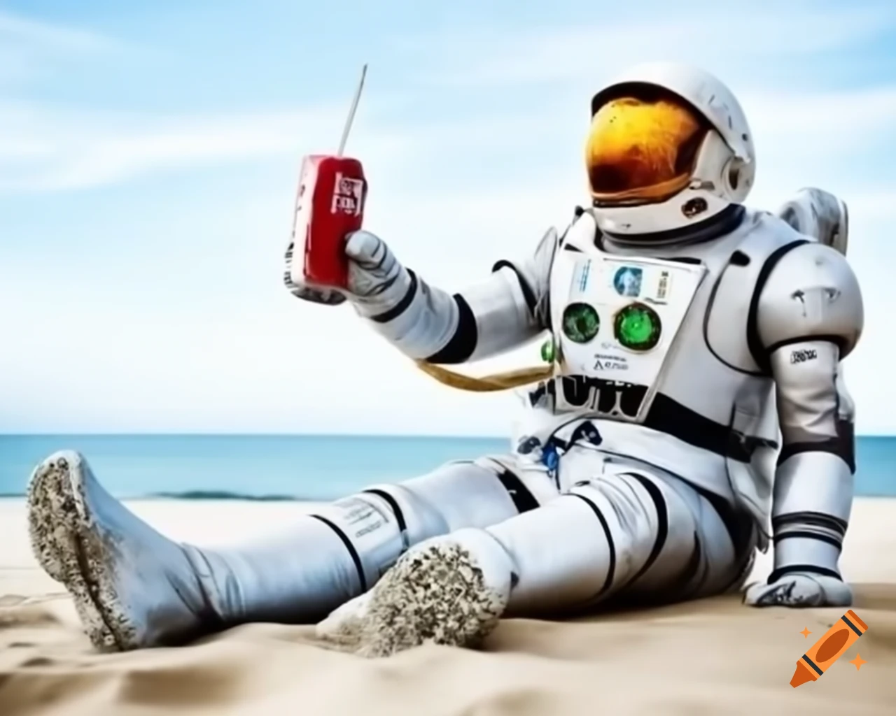 Astronaut in Metroid Samus suit drinking Coca-Cola on the beach on Craiyon