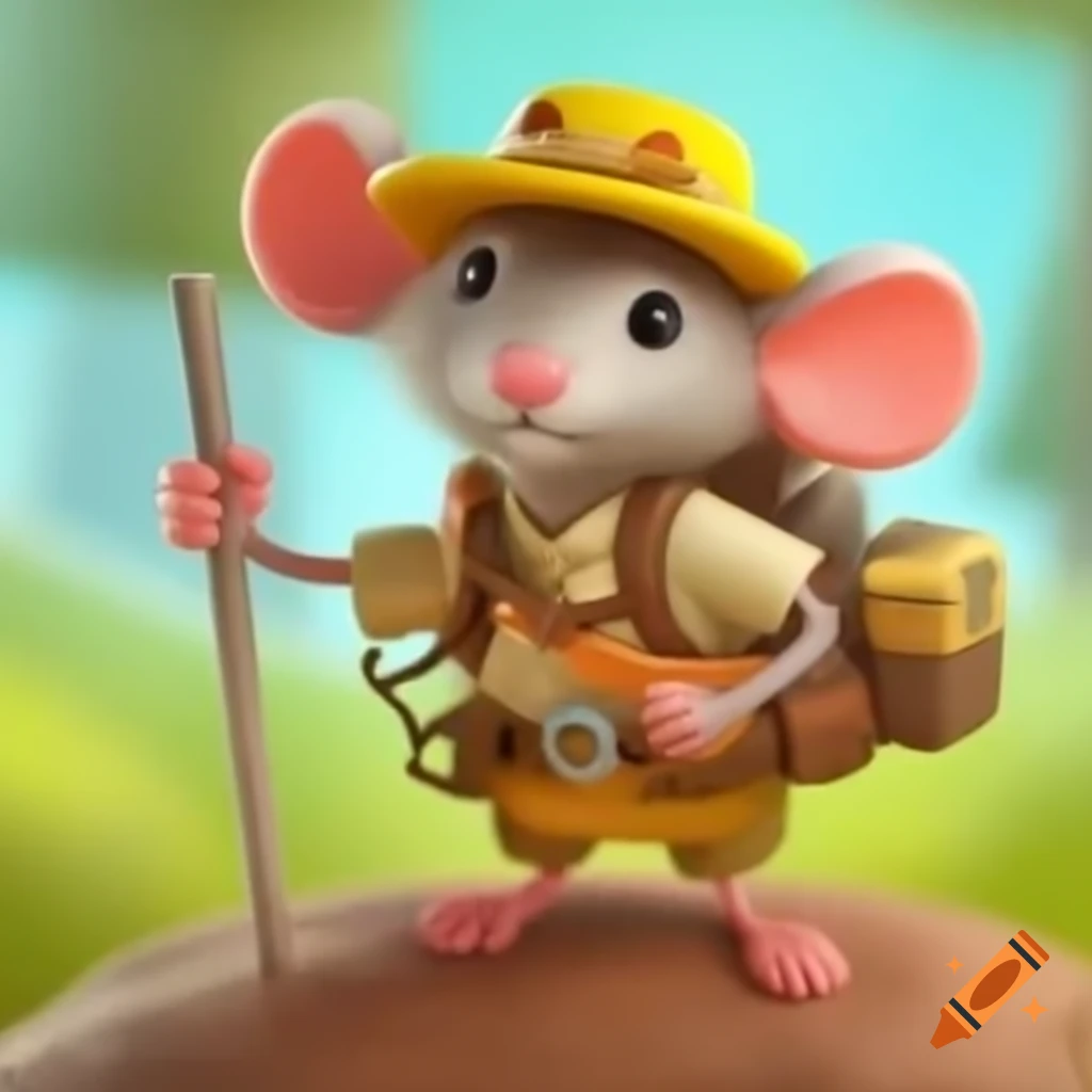 Cartoon mouse in explorer gear with yellow hat on whimsical adventure ...