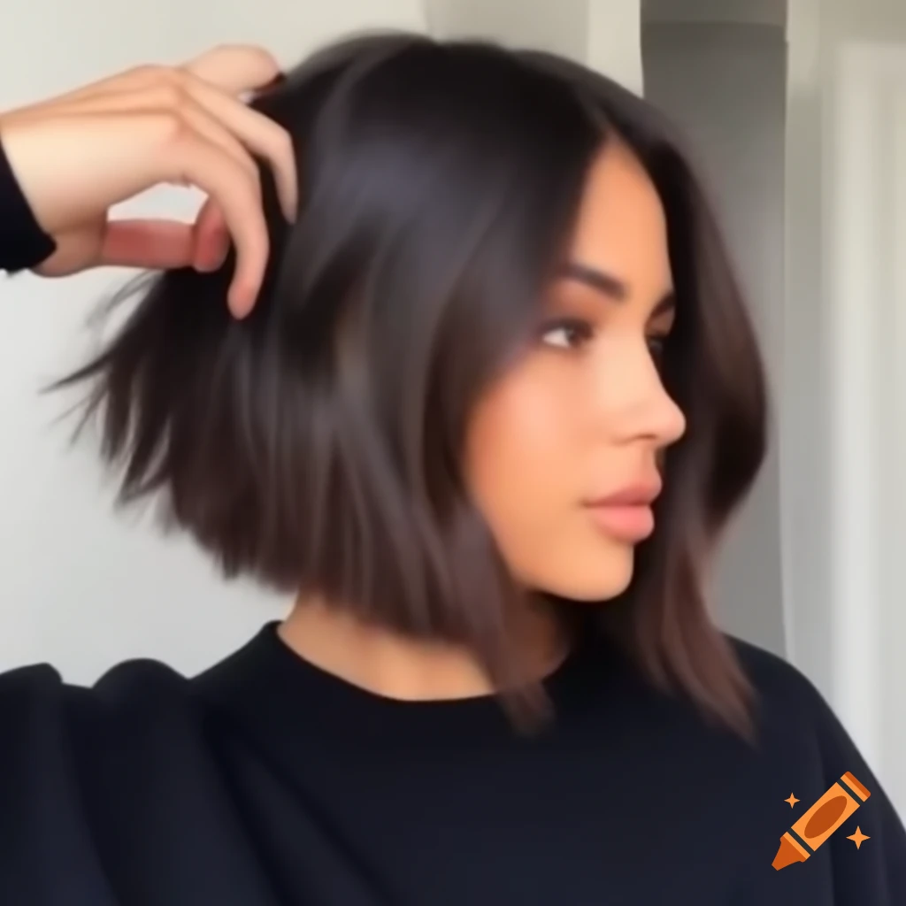 Mediterranean woman with thick dark brown asymmetrical bob hairstyle on ...