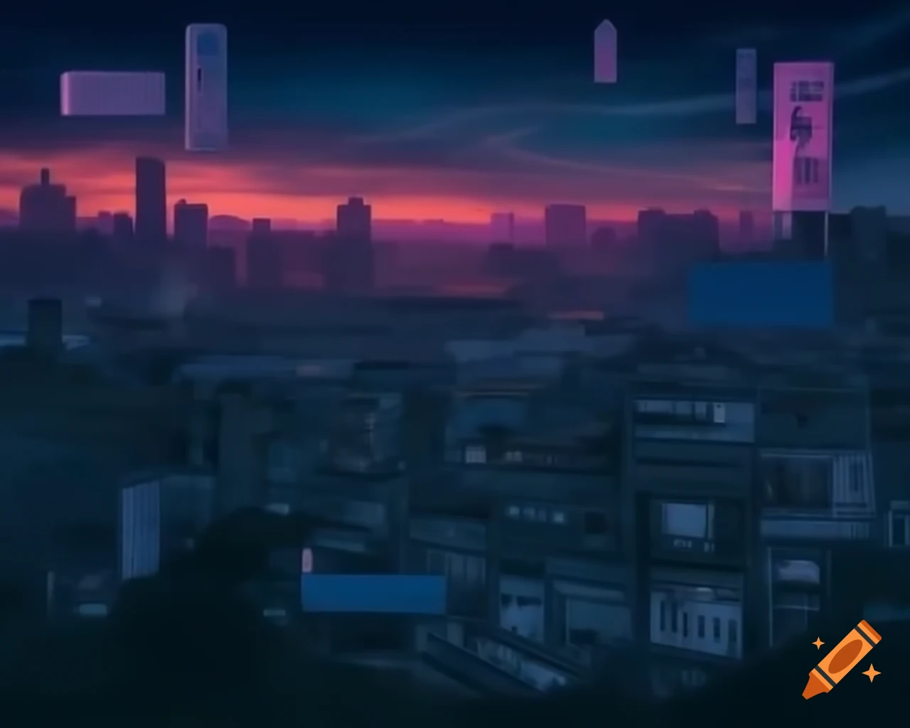 City skyline at sunset with high buildings and coding-themed posters on ...