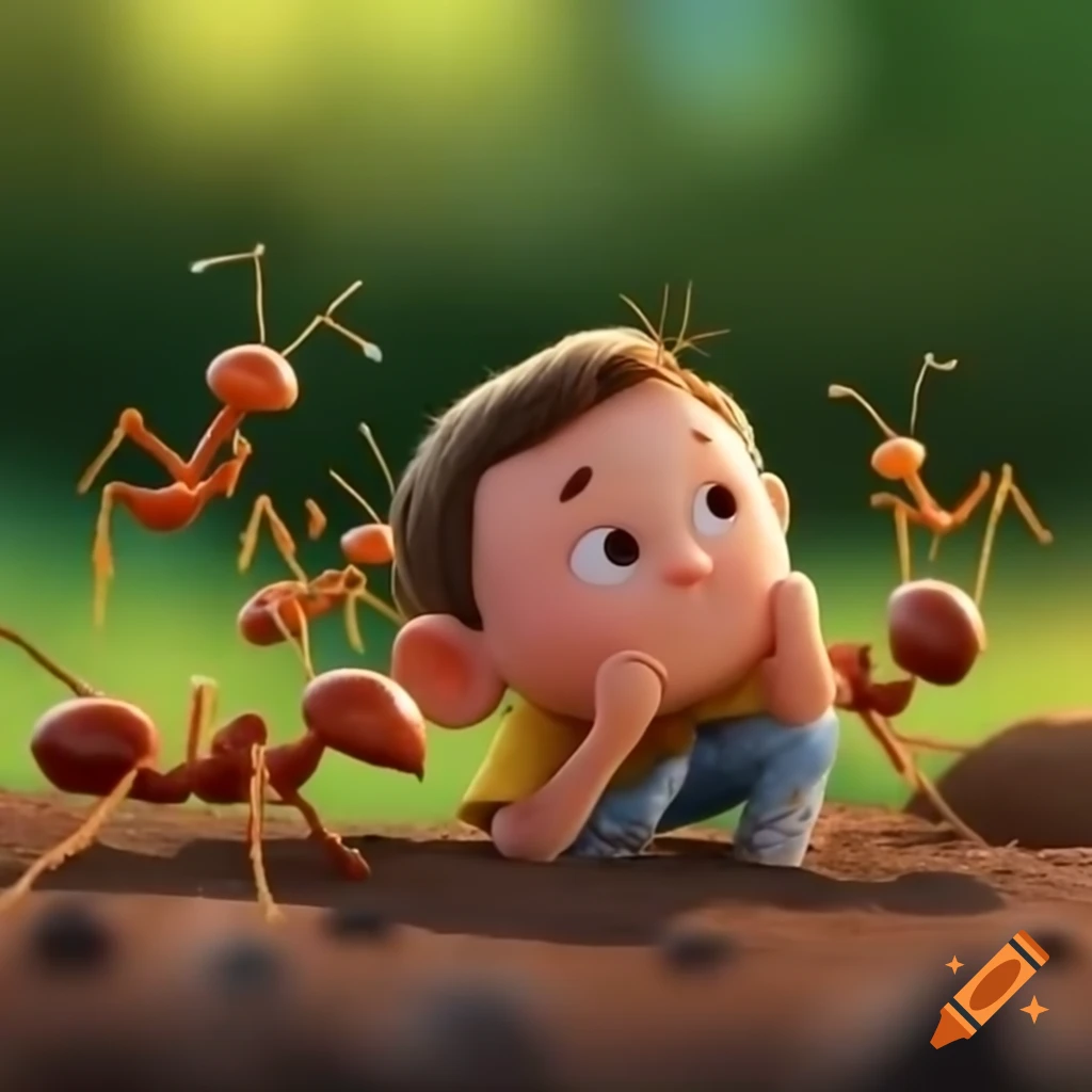 Boy observing ants in a line carrying food on the ground on Craiyon