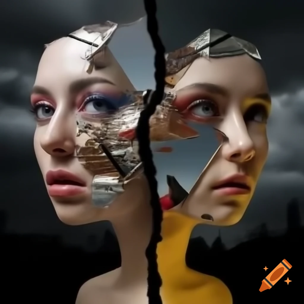 Fragmented collage of broken mirrors and distorted faces amidst nature ...