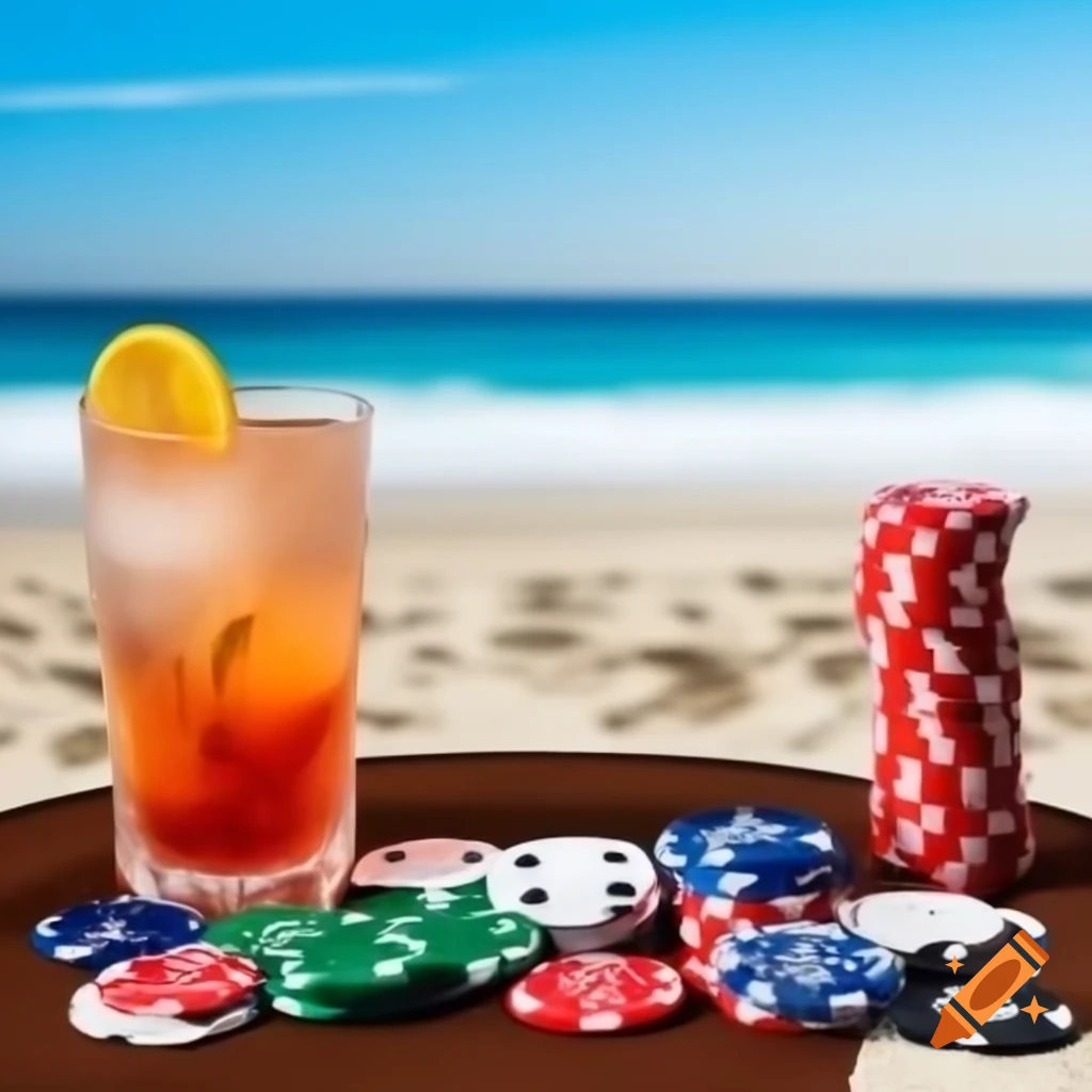 Poker chips and cocktail on beach coffee table with clear blue sea on ...