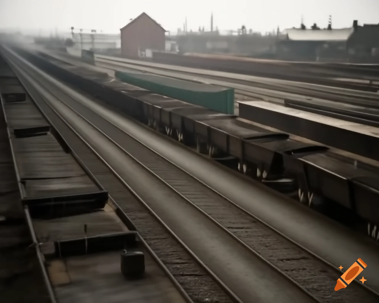 Bustling railway shunting yard with trains and locomotive shed on Craiyon
