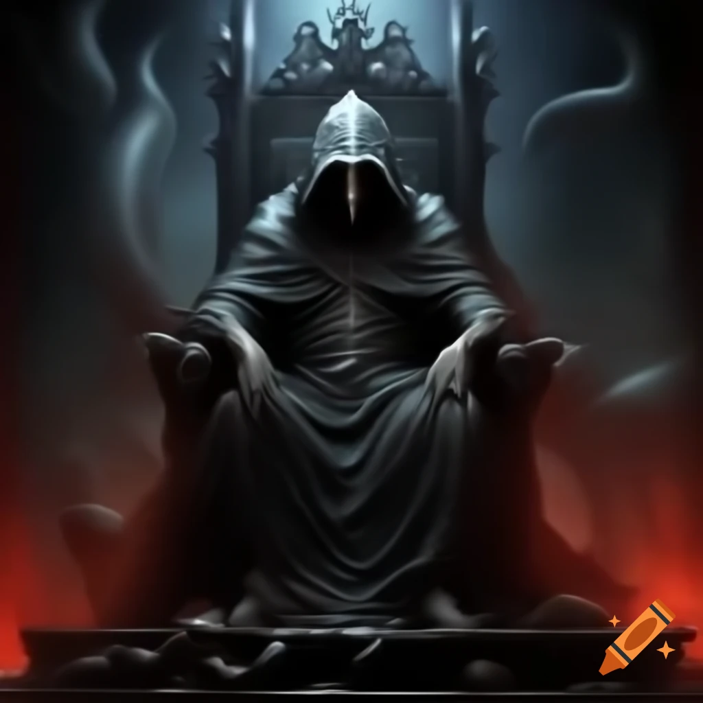 Hooded entity on throne of bones, holding scythe with red eyes on Craiyon