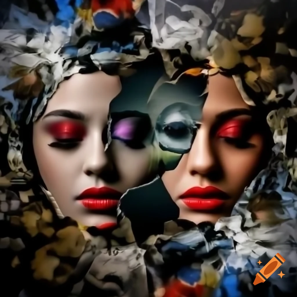 Fragmented collage of broken mirrors and distorted faces amidst nature ...