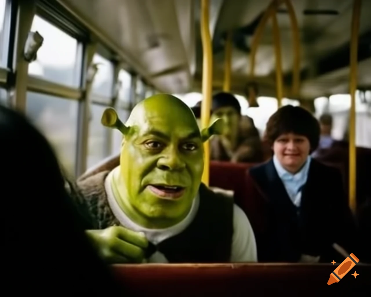 Blurry low-quality photo of Shrek boarding a bus, VHS style on Craiyon