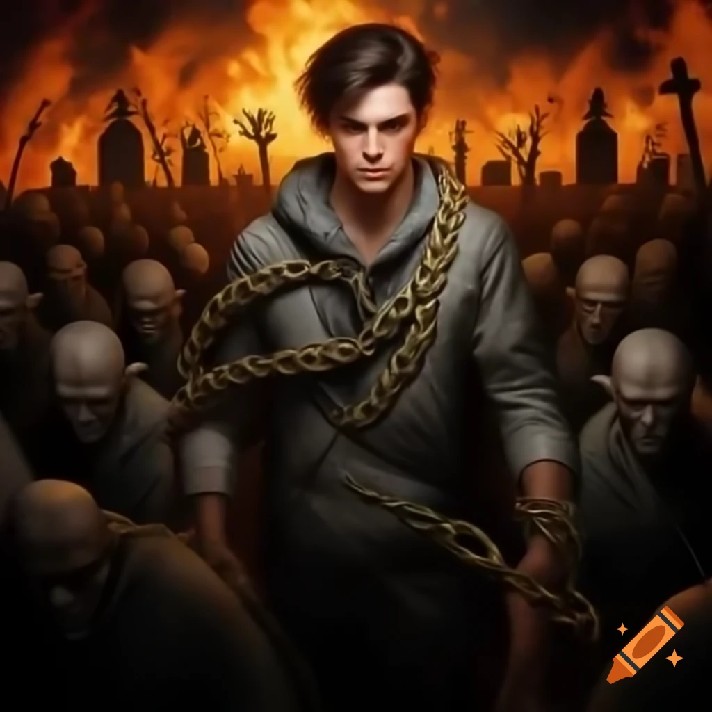 Young man in chains surrounded by demons in a graveyard with flames on ...
