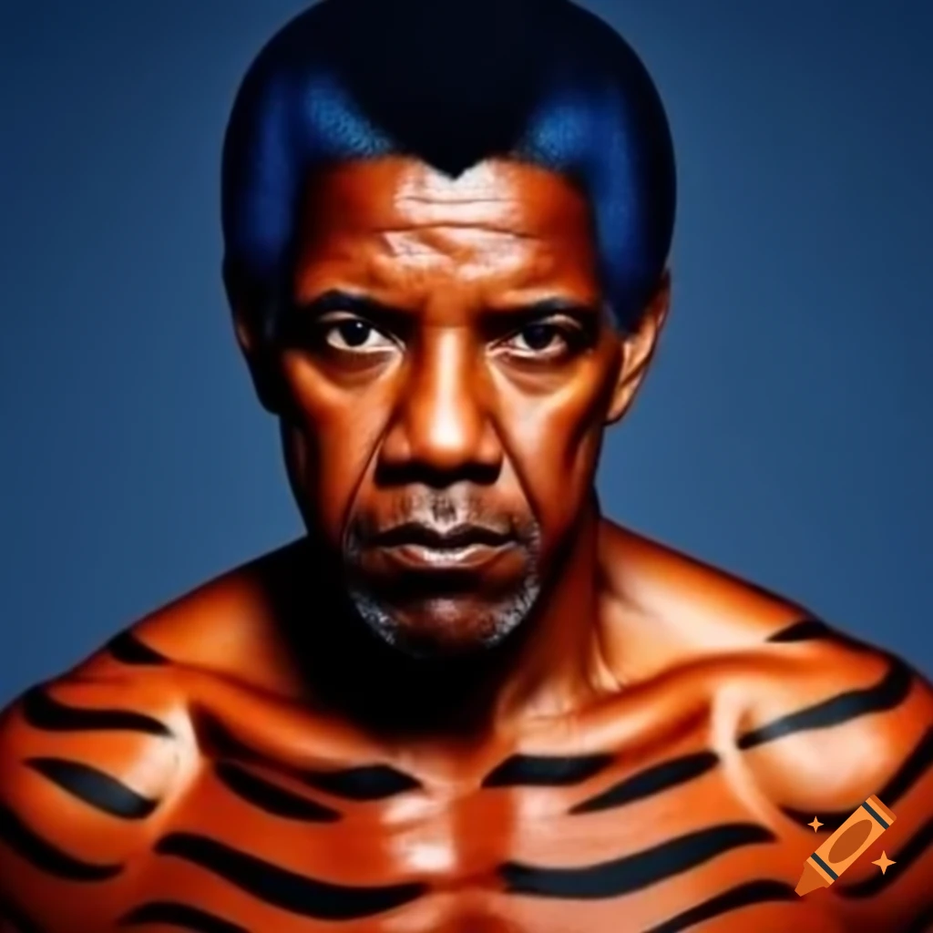 Muscular man with tiger-style makeup featuring blue hair and orange ...