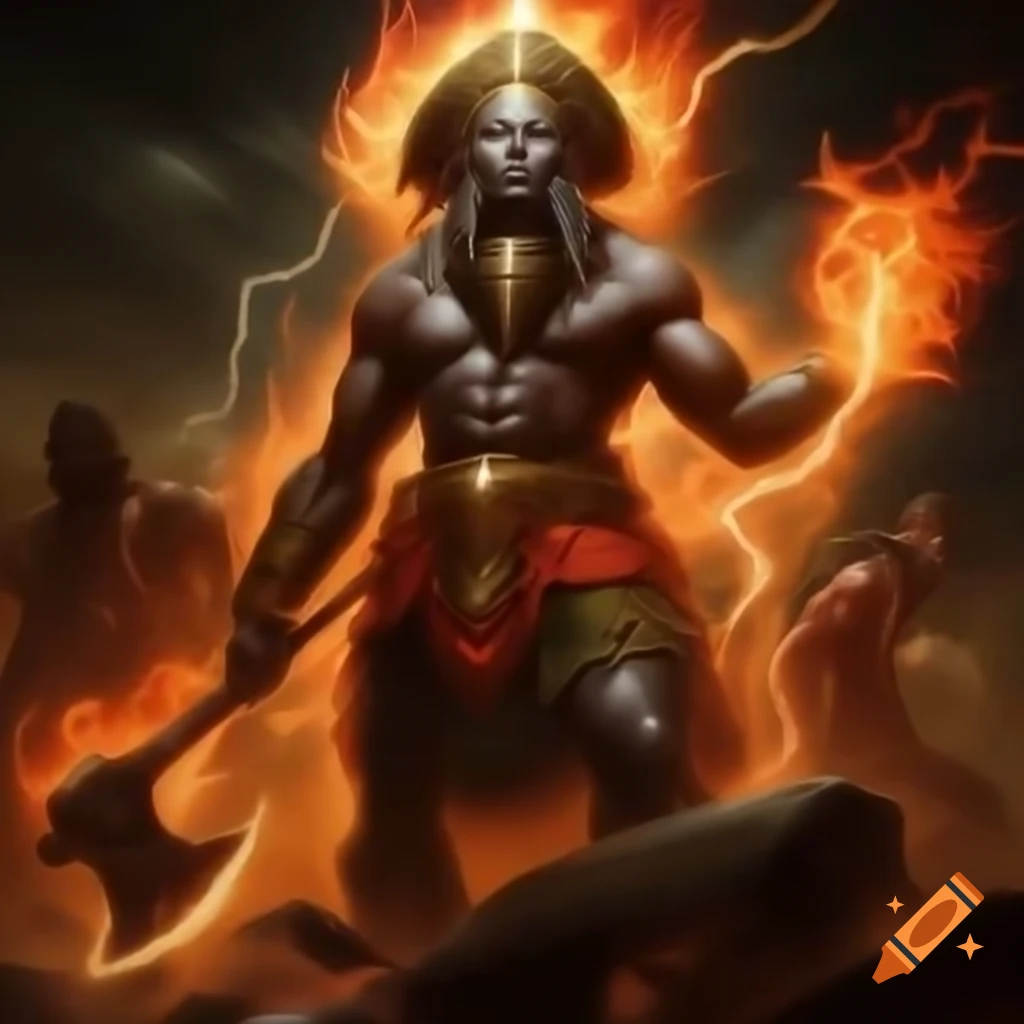 Depiction of Shango, African god of thunder and lightning, with double ...