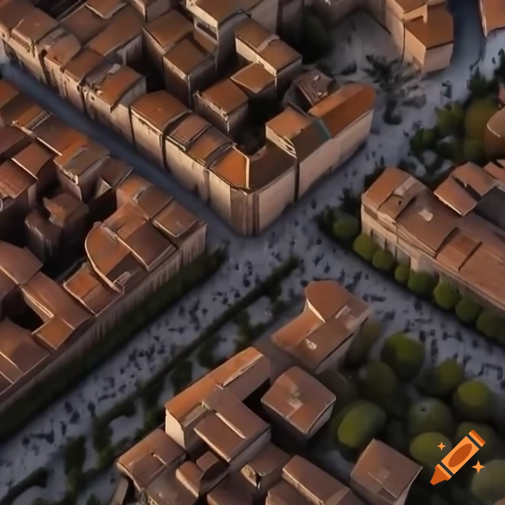 Isometric drone view of medieval Toulouse streets in 1600 with crowds ...