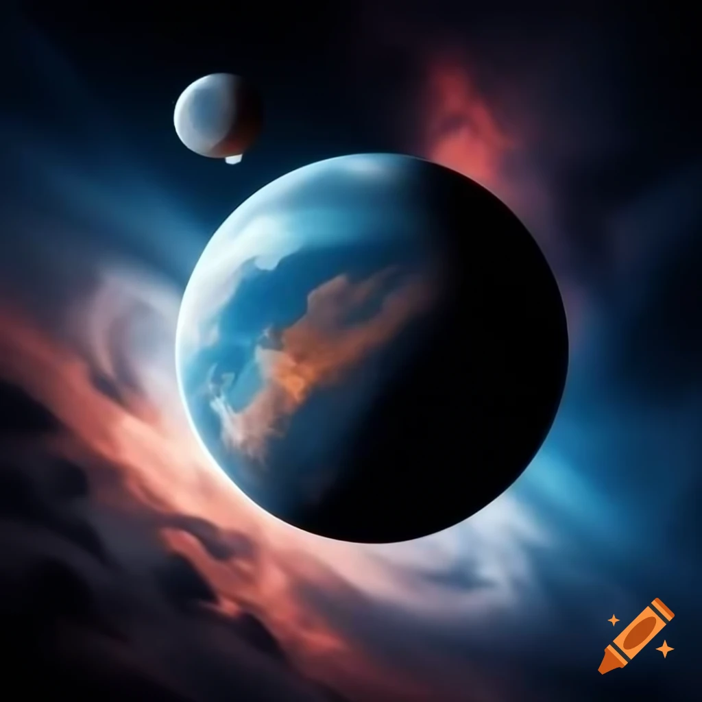 Habitable planet with two moons, blue seas and red land surrounded by ...