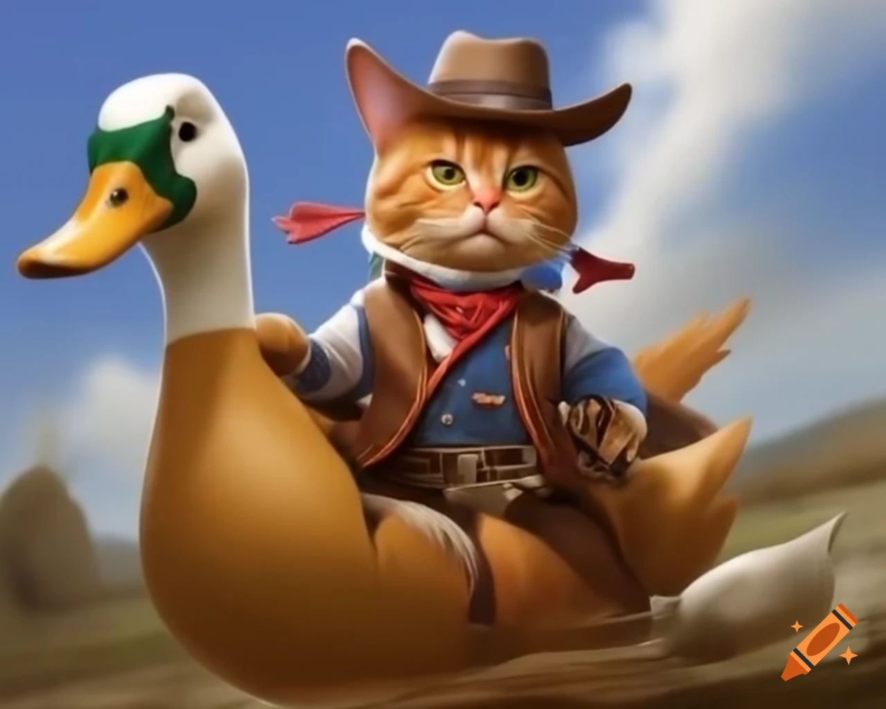 Orange cat in business suit and cowboy hat riding a big duck in Wild ...