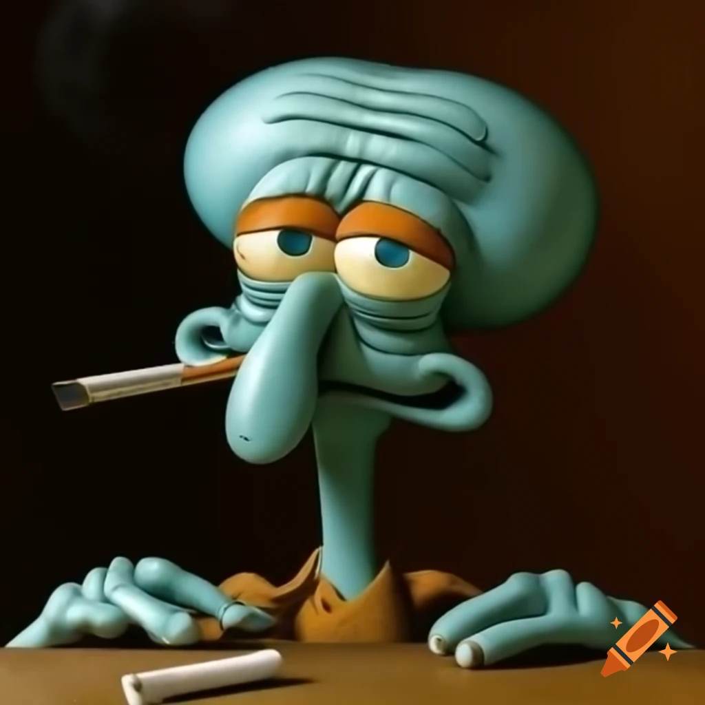 Cartoon character Squidward Tentacles relaxing with a cigarette on Craiyon