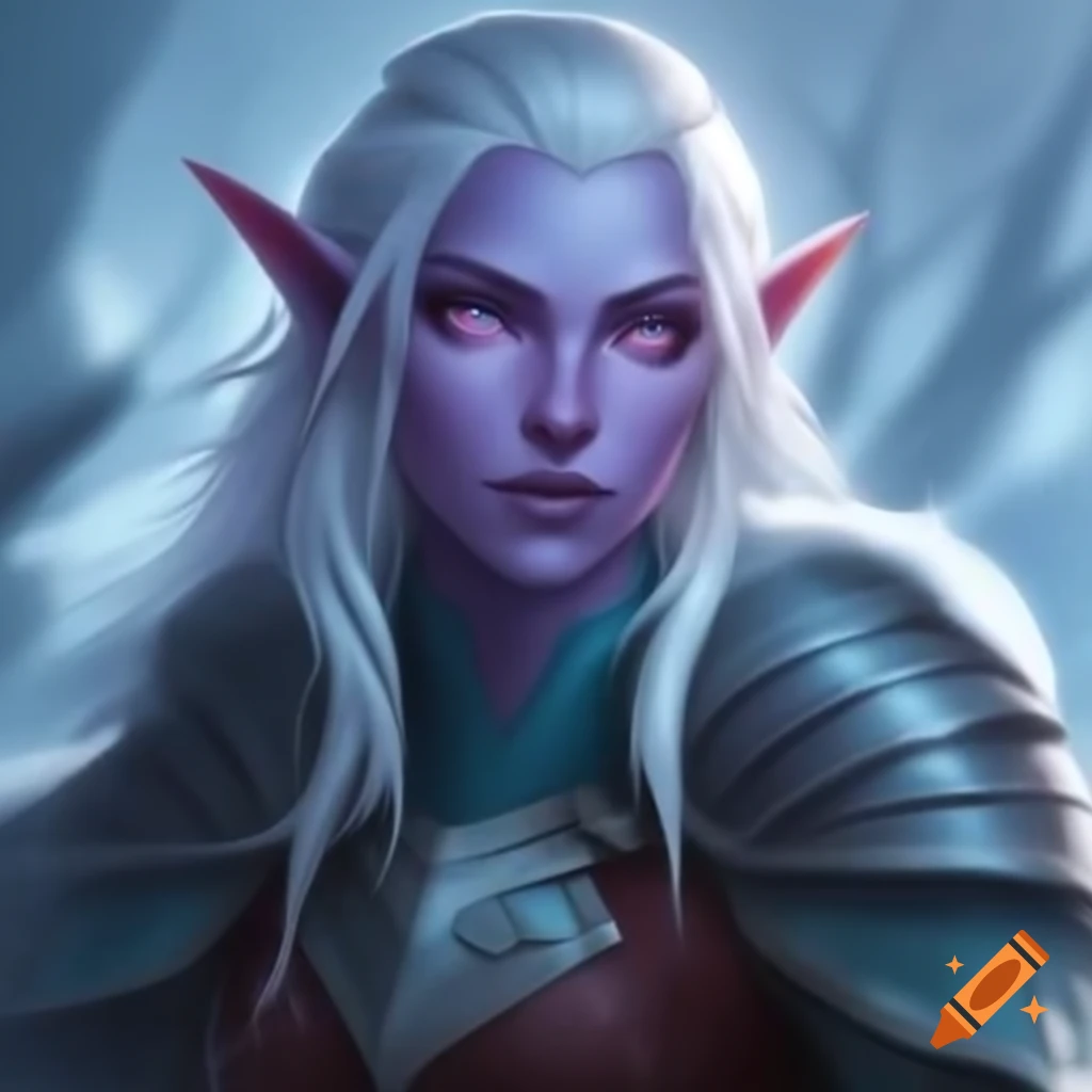 Realistic light purple elf in armor with white hair and eyes in snowy ...