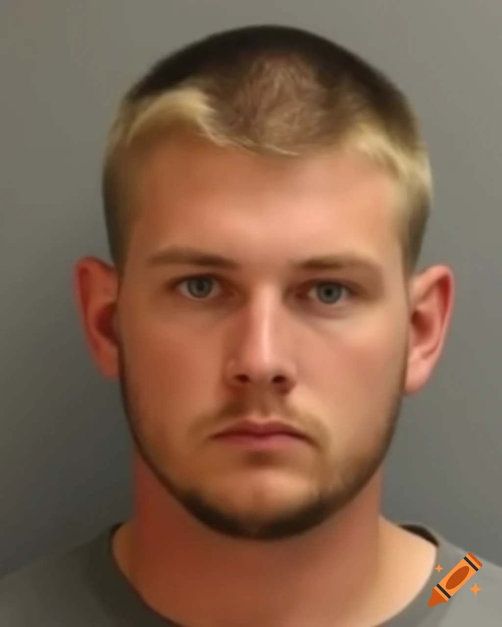 Focused security guard in gray t-shirt, strong build with blond hair ...