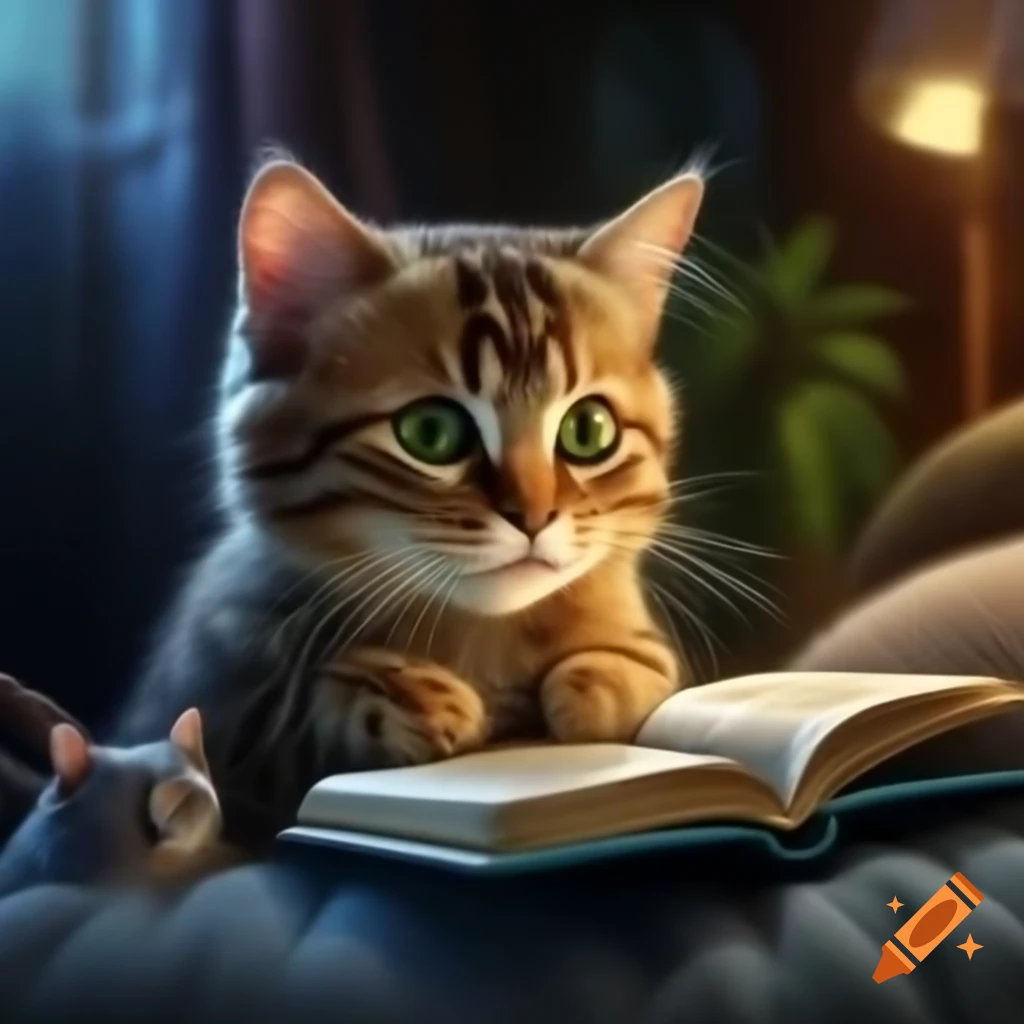 Thoughtful cat reading a book on a cushion in a cozy room on Craiyon