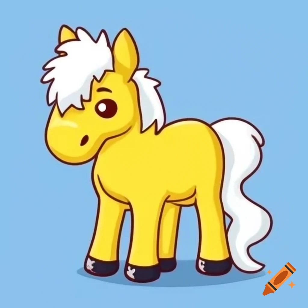 Cartoon yellow horse with white and black mane on light blue background ...