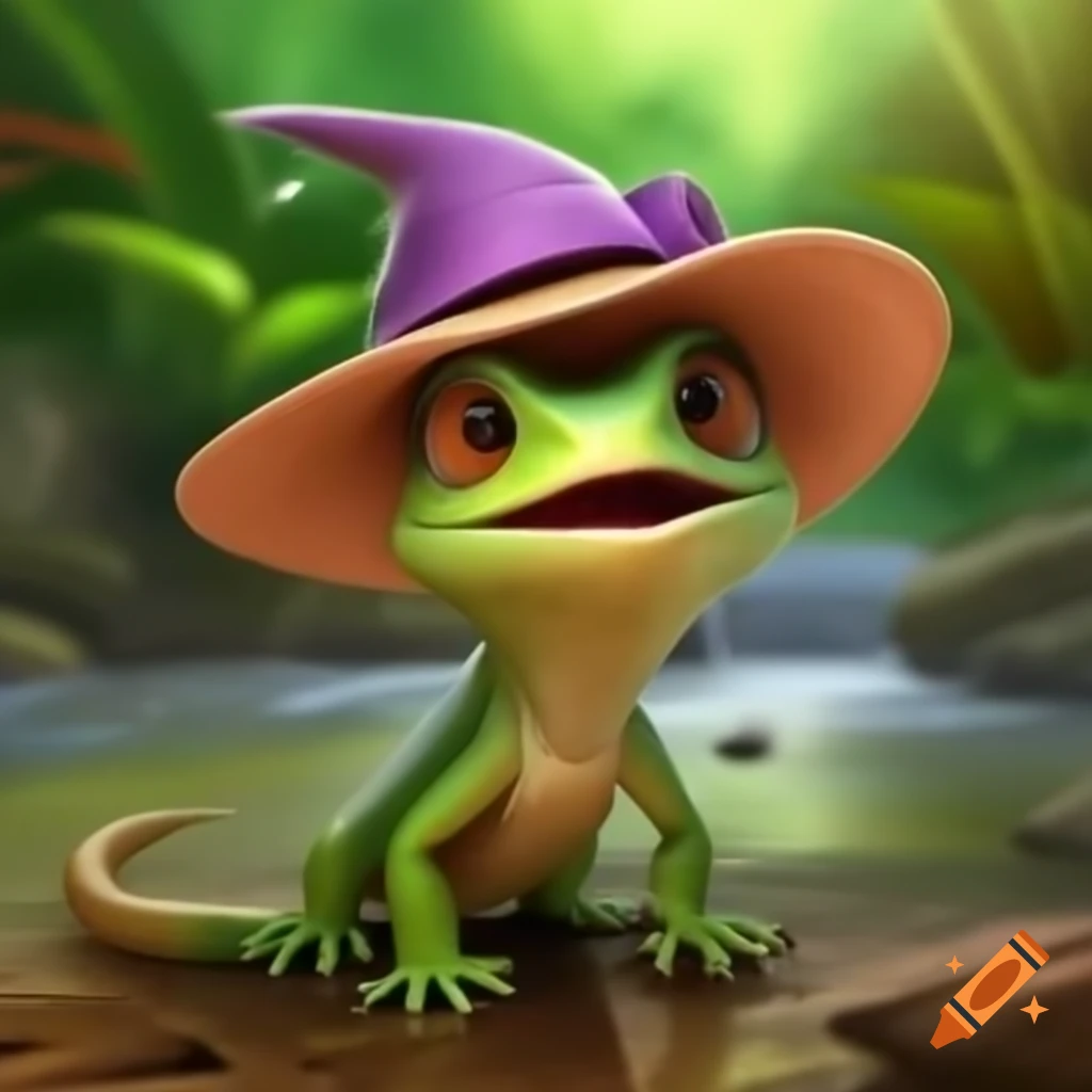 Cute lizard in purple straw hat in jungle by river meeting friends ...