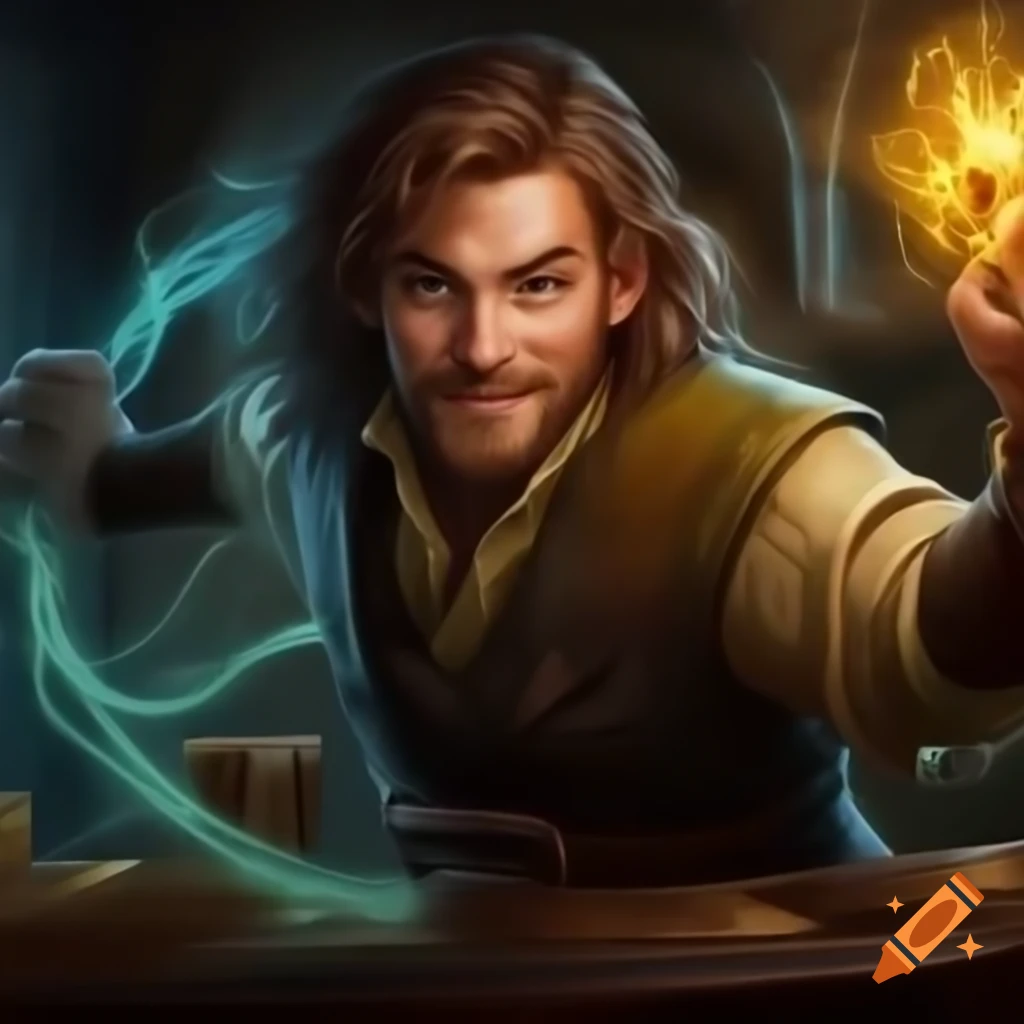 Youthful Hobbit conjuring swirling magical lights and colors on Craiyon