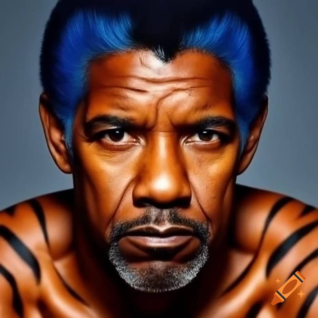 Muscular man with tiger-style makeup, blue hair, orange skin, and black ...