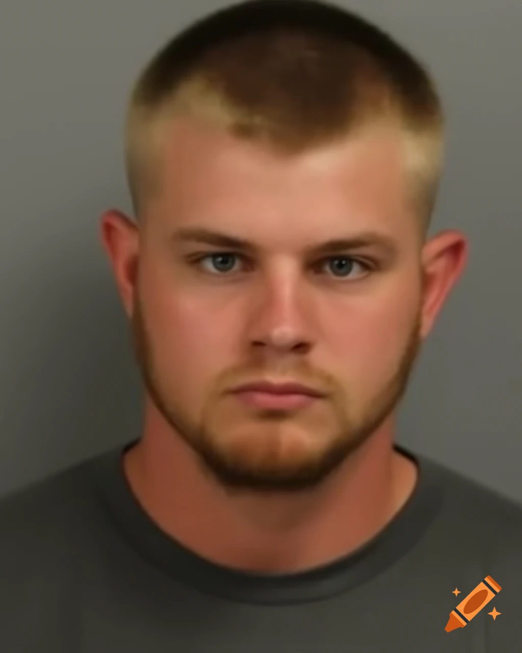 Security guard with blond hair and gray eyes in gray t-shirt standing ...